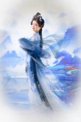 Classical Chinese lady in blue and white by Songlin Xu
