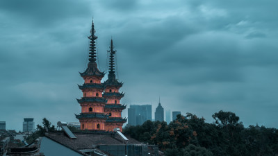 Twin pagodas at Luohanyuan Temple, Soochow by Calvin Feng