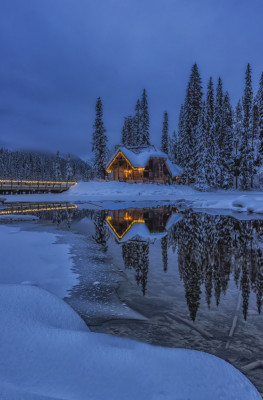 The Cabin in the Snowy Blue Hour by Jenny Qiu